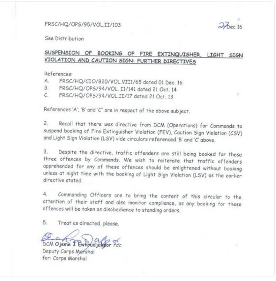 FRSC suspends booking traffic offenders for fire extinguisher, light ...