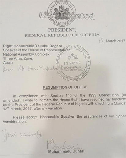 Senate gets Buhari's resumption letter, Saraki to read it tomorrow ...