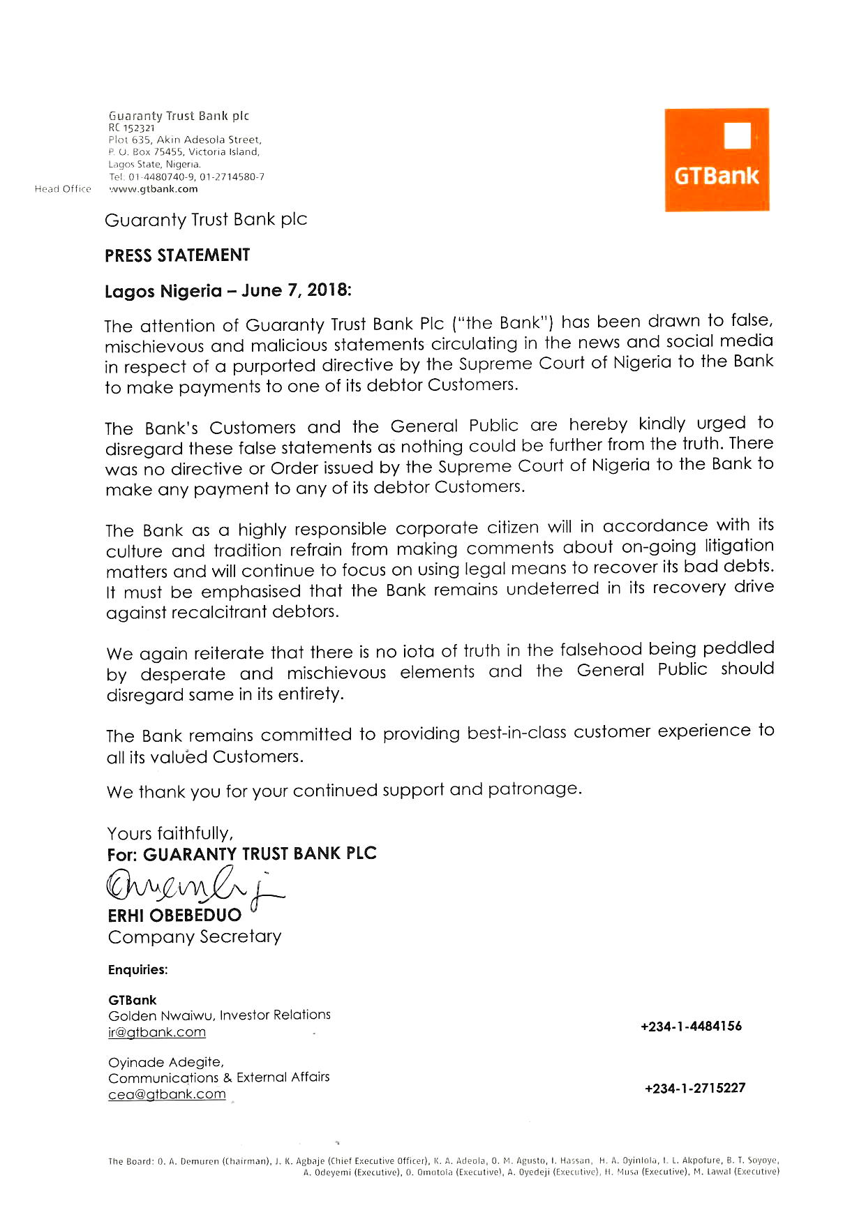 GT Bank Press Statement - Vanguard News