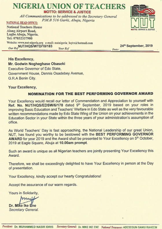 Obaseki appreciates NUT on ‘Best Performing Governor’ honour