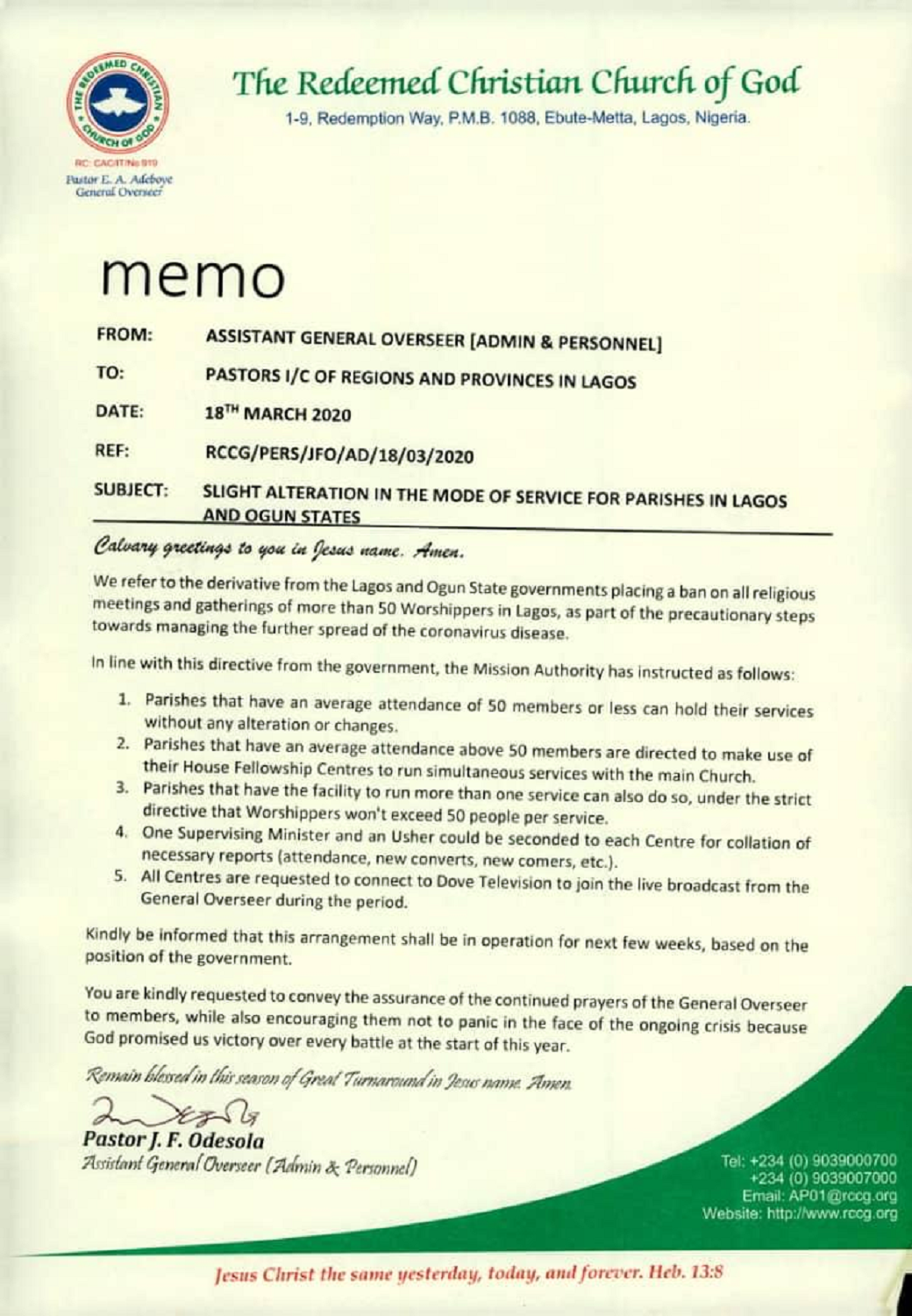 Coronavirus: RCCG amends its worship schedule - Vanguard News