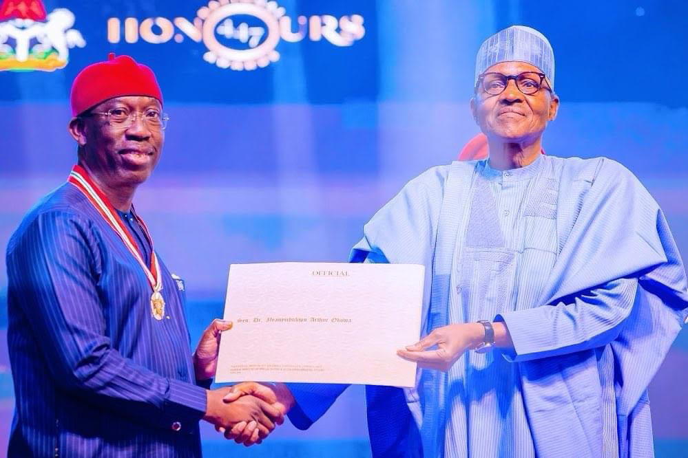 National Honour: Adasen felicitates with Okowa - Vanguard News