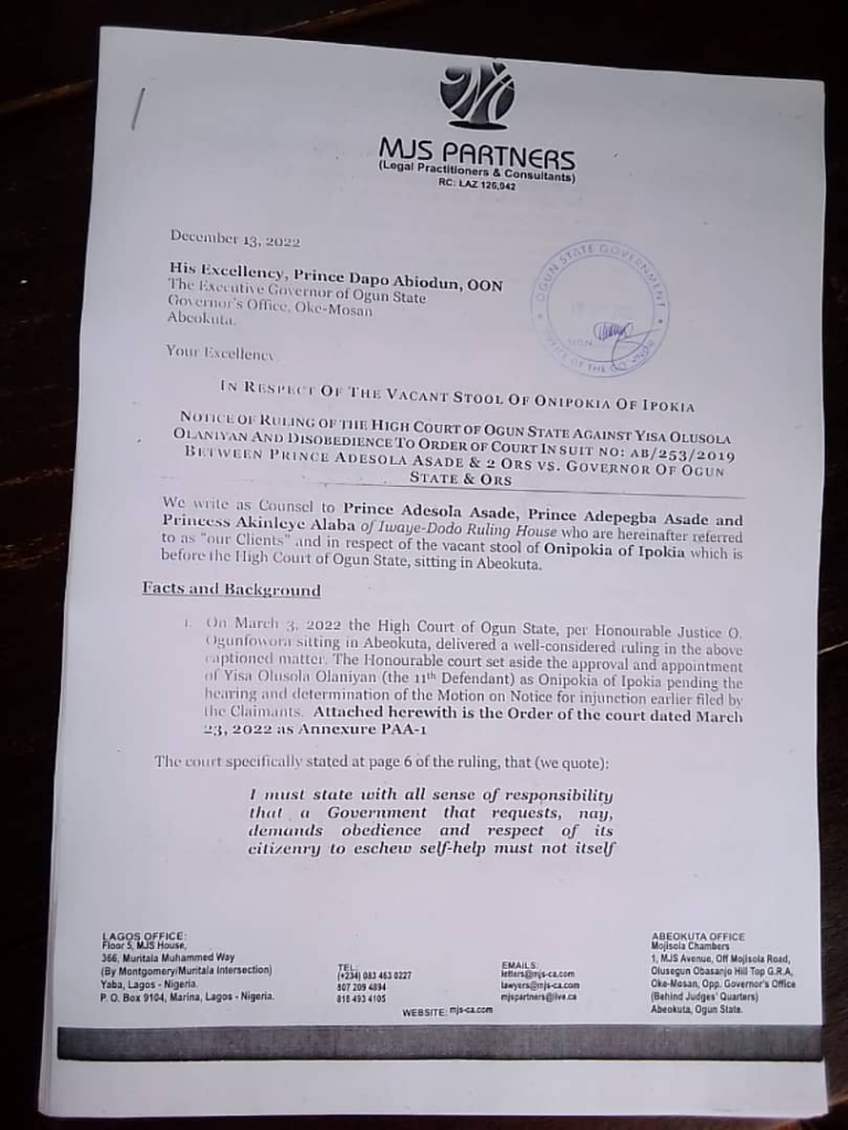 Enforce court order against Olaniyan - Ruling house tells Gov. Abiodun