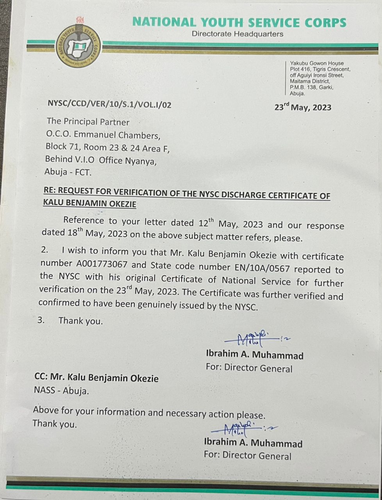 NYSC confirms Benjamin Kalu’s certificate - Vanguard News