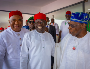 Photos: Tinubu meets, shares hug with Obasanjo at Uzodimma's inauguration - Vanguard News