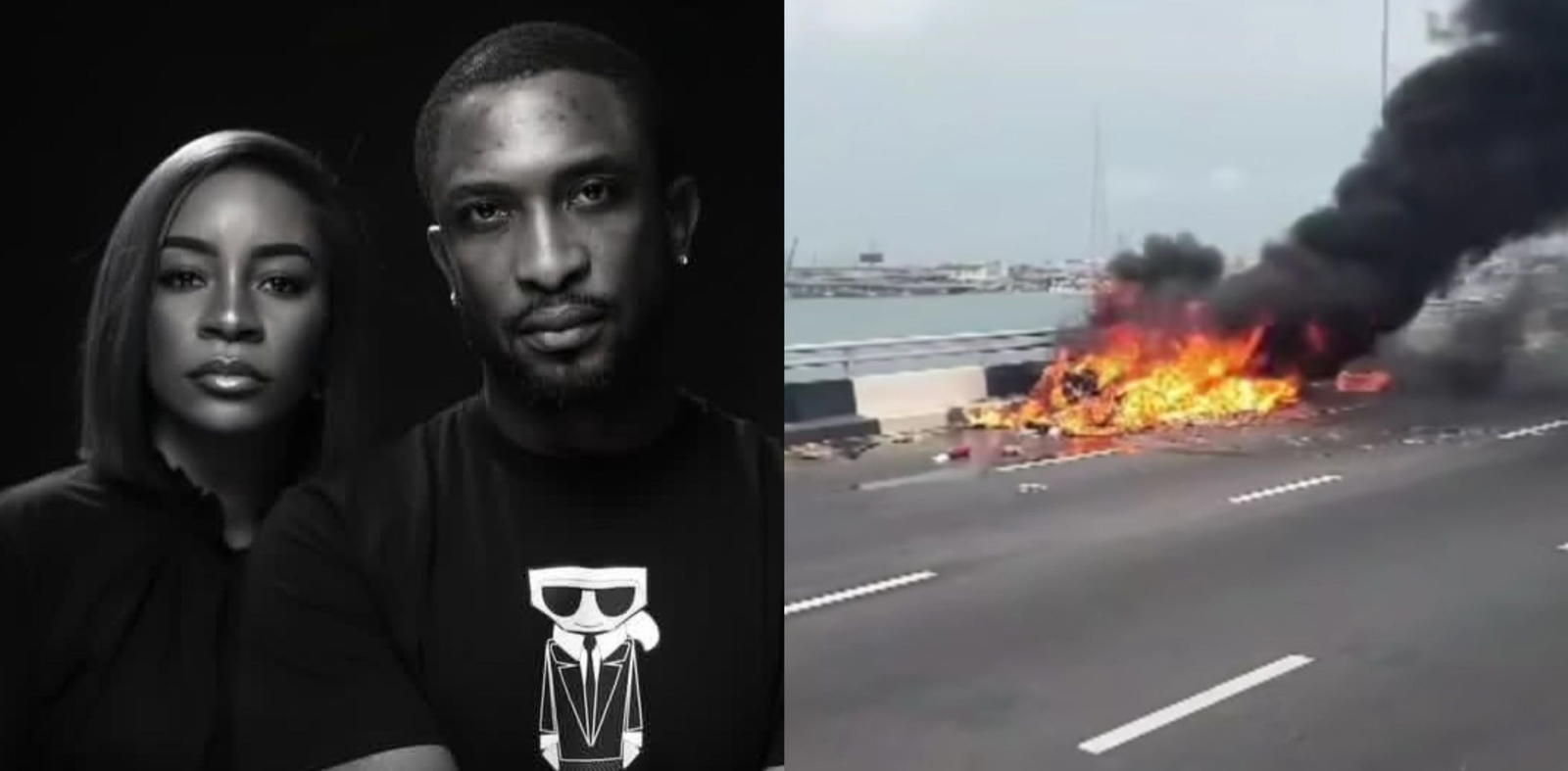 Videos: Darey Art Alade, wife survive car fire incident on Third ...