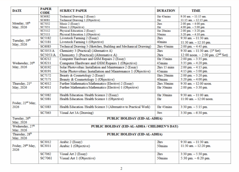 FULL LIST: WAEC releases 2026 WASSCE timetable - Vanguard News